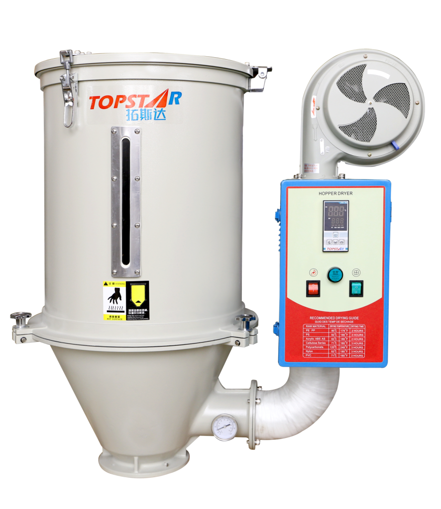 What is the drying temperature range of the Topstar plastic hopper dryer?
